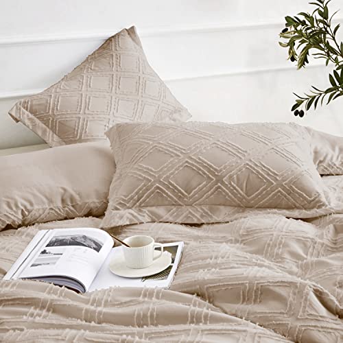 Maple&Stone King Duvet Cover Set, 3 Pieces Textured Tufted Boho Bedding Sets Zipper Closure Design with Ties, 1 Duvet Cover + 2 Pillow Shams, Comforter NOT Included (Khaki, King Size)
