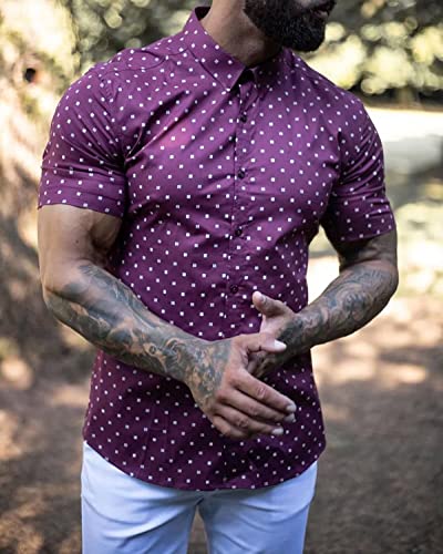 Mens Polka Dot Shirt Muscle Fit Button Down Short Sleeve Button Up Dress Shirts Purple S