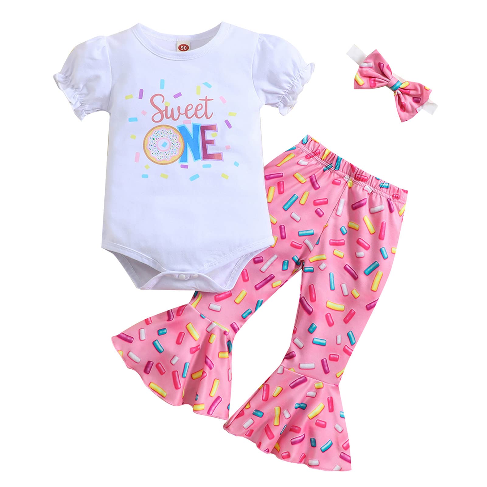 GRNSHTS Baby Girl Birthday Clothes Sweet One Letter Short Sleeve Romper+Donuts Flared Pants+Headband 3Pcs Cake Smash Outfits (Donuts White,9-12M)