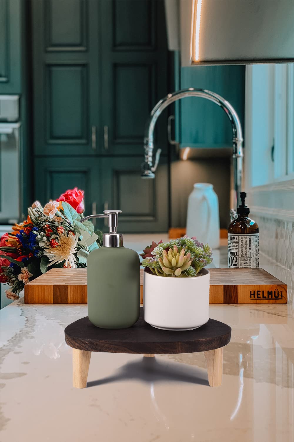 RiLiKar Wooden Risers for Display Decorative Coffee Bar Table Tray Bathroom Countertop Organizer Farmhouse Corner Soap Stand Rustic Wood Pedestal Stand Soap Dispenser Tray - Black