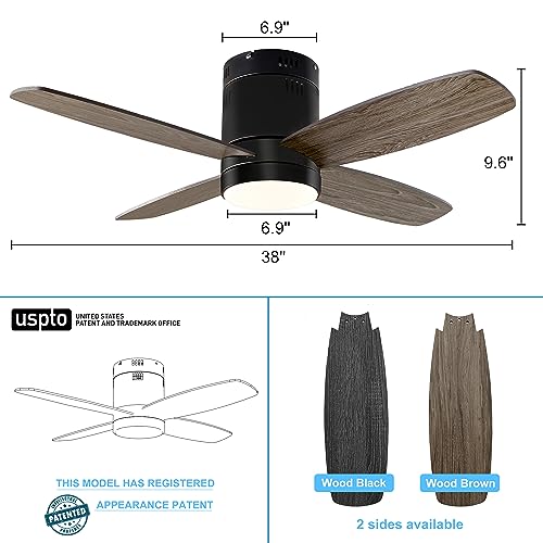 Ohniyou Ceiling Fan with Lights - 38'' Small Flush Mount Ceiling Fans Remote & APP Control - Dimmable Indoor Outdoor Quiet DC Low Profile Ceiling Fan for Patio Kitchen Bedroom(Black)