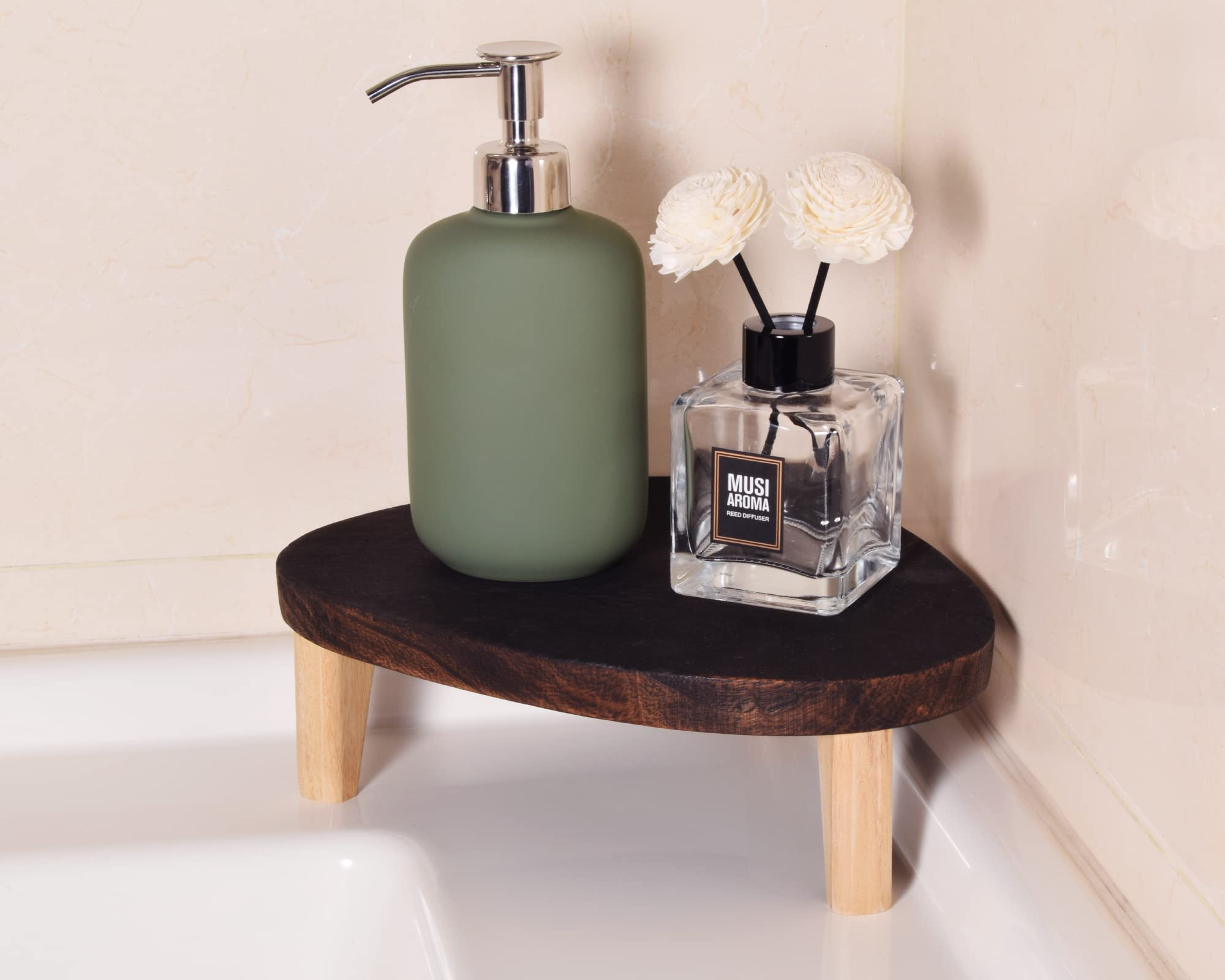 RiLiKar Wooden Risers for Display Decorative Coffee Bar Table Tray Bathroom Countertop Organizer Farmhouse Corner Soap Stand Rustic Wood Pedestal Stand Soap Dispenser Tray - Black