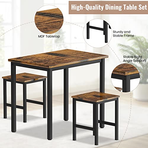 Recaceik 3 Piece Chairs for 2, Modern Wood Room, Small Dining Breakfast Table Set with 2 Stools & Metal Frame for Kitchen, 35 Inch, Brown