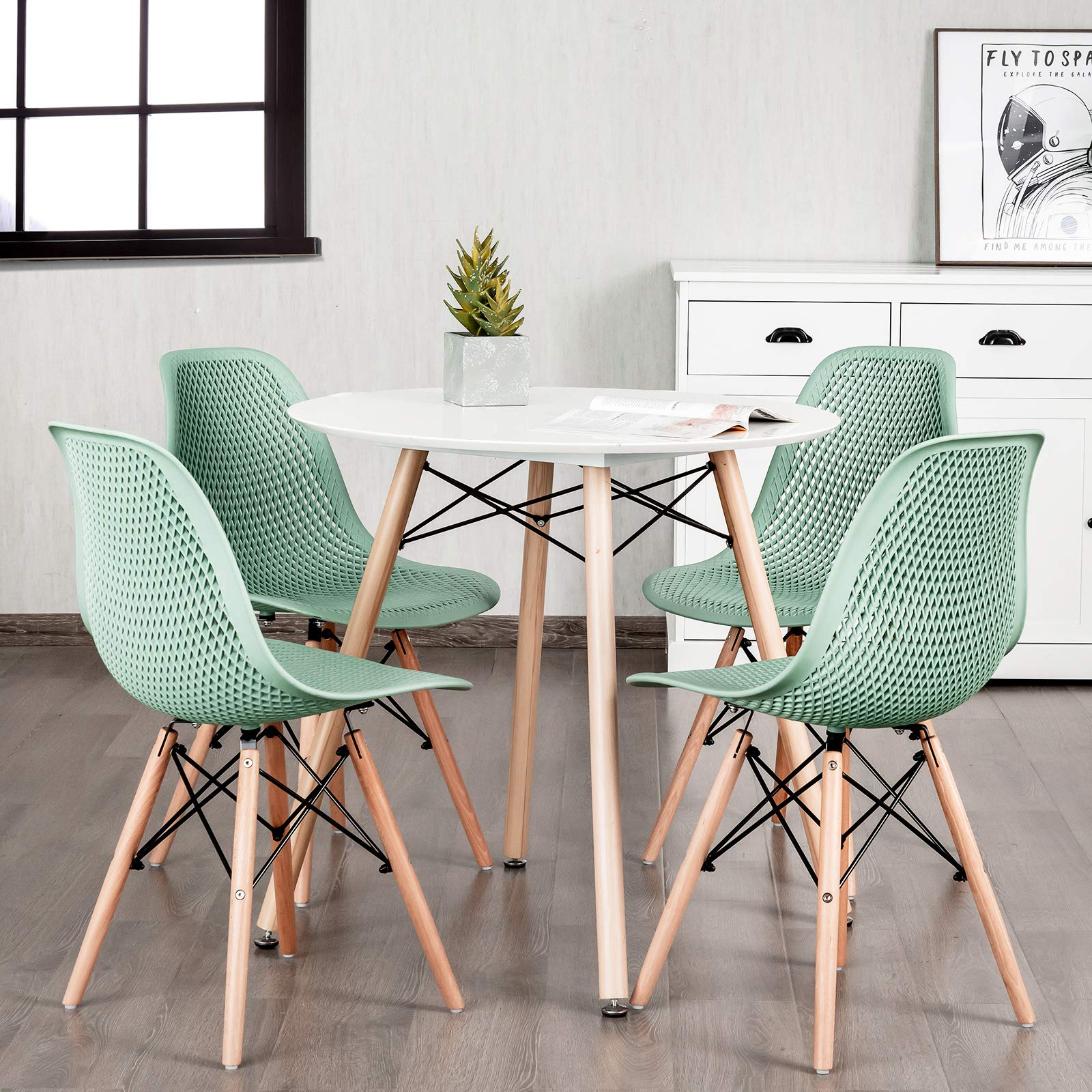 KOTEK Set of 4 Dining Chairs, DSW Molded Shell Plastic Side Chairs with Mesh Design, Solid Wood Legs, Mid-Century Modern Armless Side Chairs for Kitchen, Dining Room, Living Room (Green)