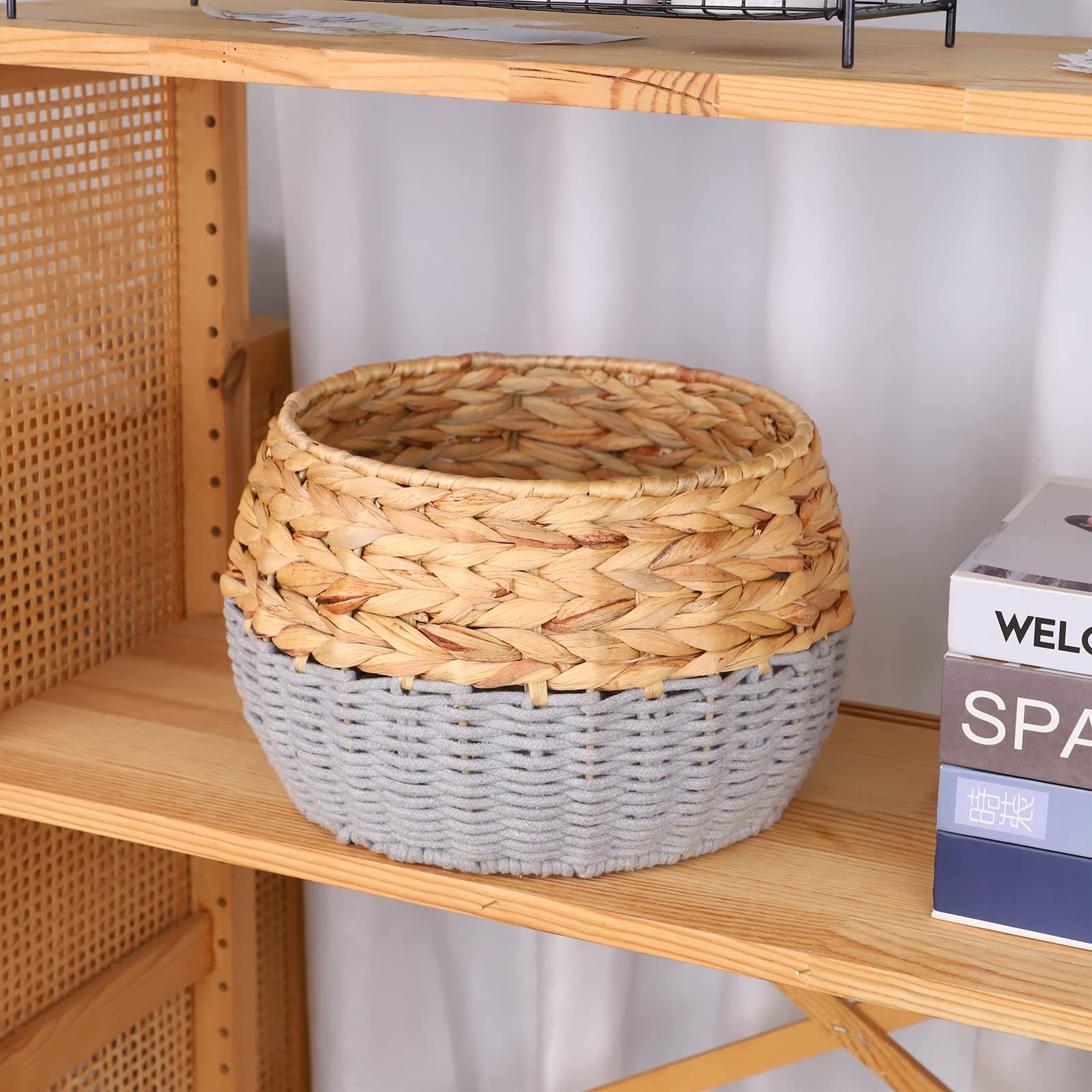 YAHUAN Round Woven Water Hyacinth Storage Basket - Cotton Rope Wicker Decorative Basket for Organizing Blankets - Living Room Bathroom (Grey)