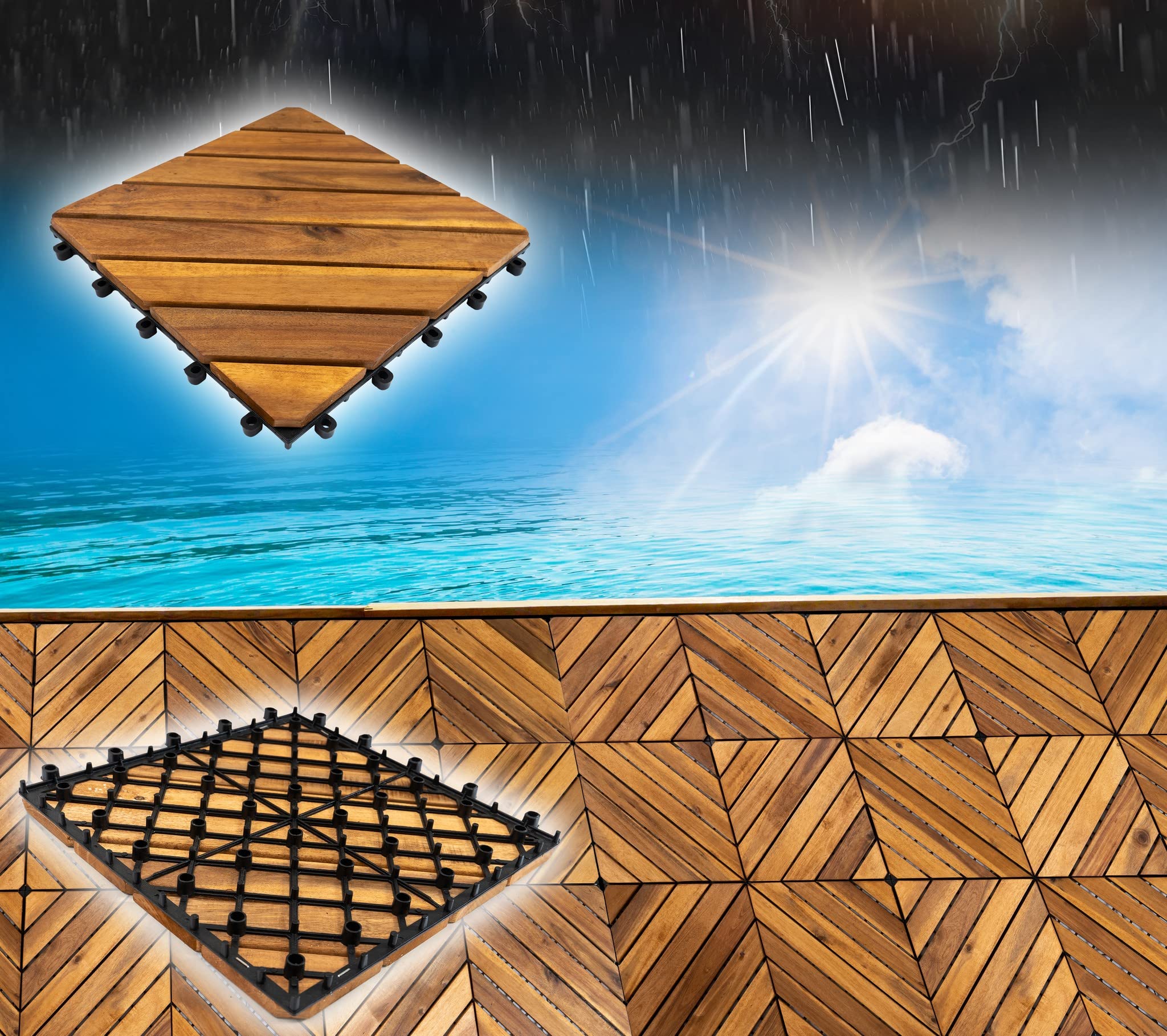 YAMAZING 12βx12β Solid Wood Interlocking Flooring Tiles (Pack of 9), Acacia Hardwood Deck Tiles,Floor Tiles for Both Indoor & Outdoor Use, Waterproof All Weather