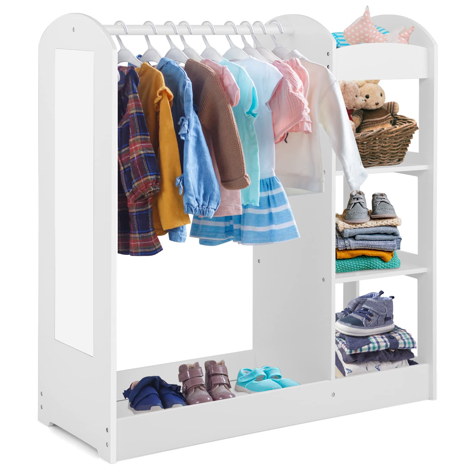Costzon Kids Dress up Storage with Mirror, Clothes Rack, 3-Tier Shelves, Bottom Tray, Pretend Play Costume Dresser Organizer Center, Open Hanging Armoire Closet for Little Girls (White)