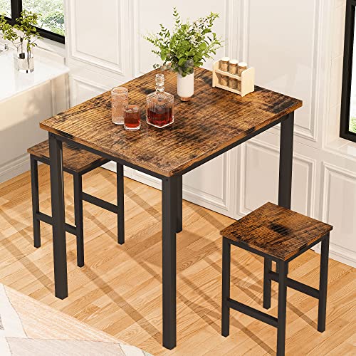 Recaceik 3 Piece Chairs for 2, Modern Wood Room, Small Dining Breakfast Table Set with 2 Stools & Metal Frame for Kitchen, 35 Inch, Brown