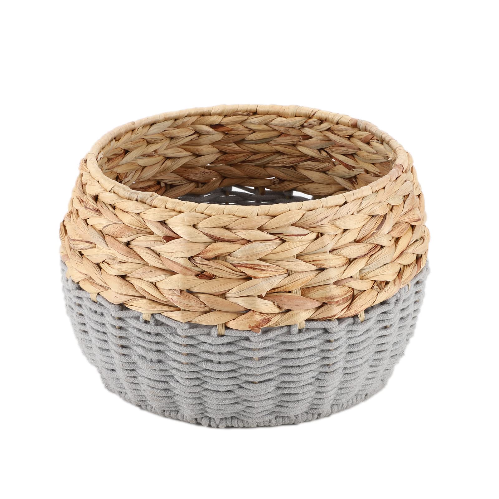 YAHUAN Round Woven Water Hyacinth Storage Basket - Cotton Rope Wicker Decorative Basket for Organizing Blankets - Living Room Bathroom (Grey)