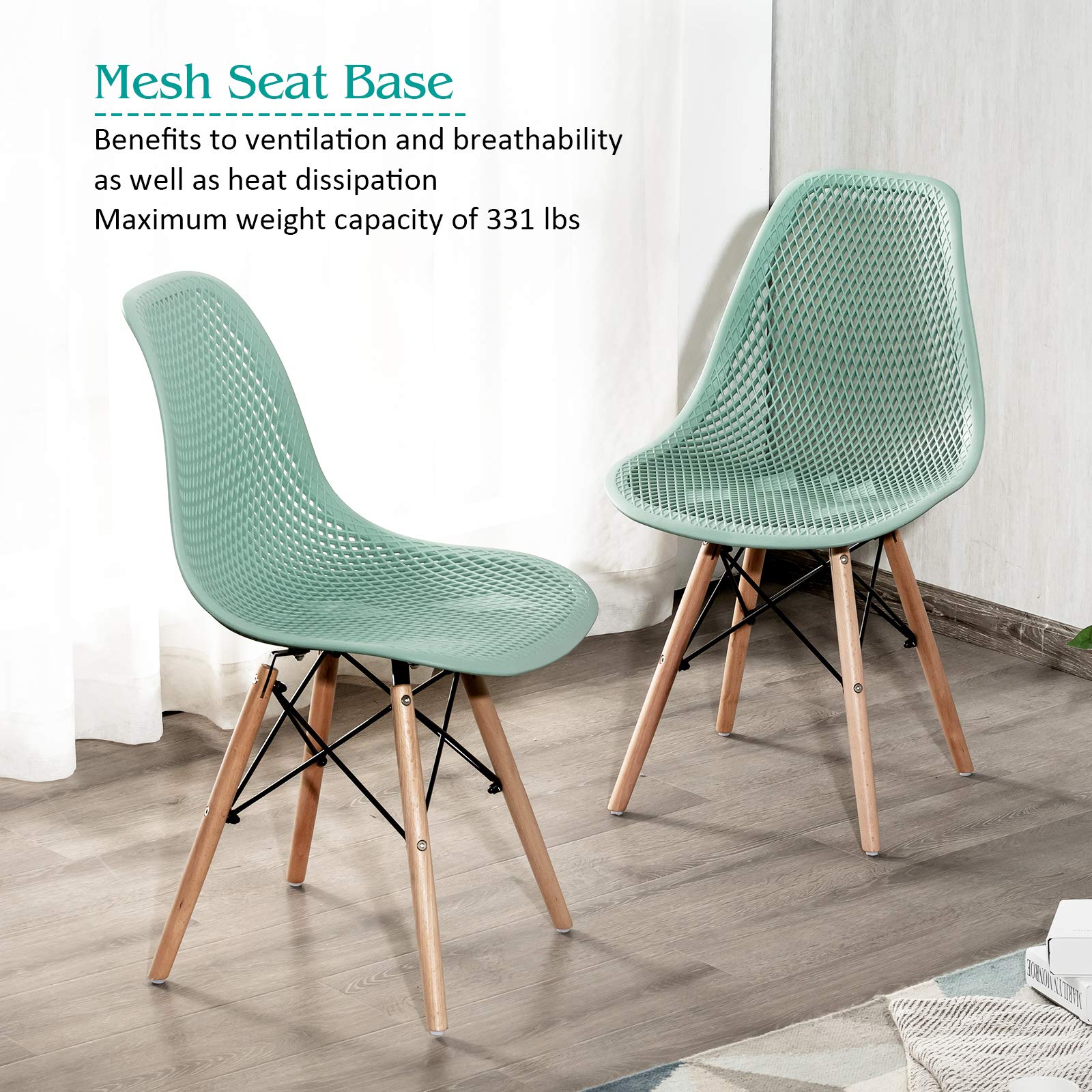 KOTEK Set of 4 Dining Chairs, DSW Molded Shell Plastic Side Chairs with Mesh Design, Solid Wood Legs, Mid-Century Modern Armless Side Chairs for Kitchen, Dining Room, Living Room (Green)