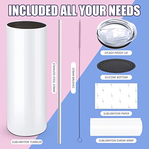 HTVRONT 20 OZ - 4 Pack - Skinny Straight - Sublimation Tumbler Blank with Sublimation Paper, Sublimation Shrink Wrap, Straw and Box