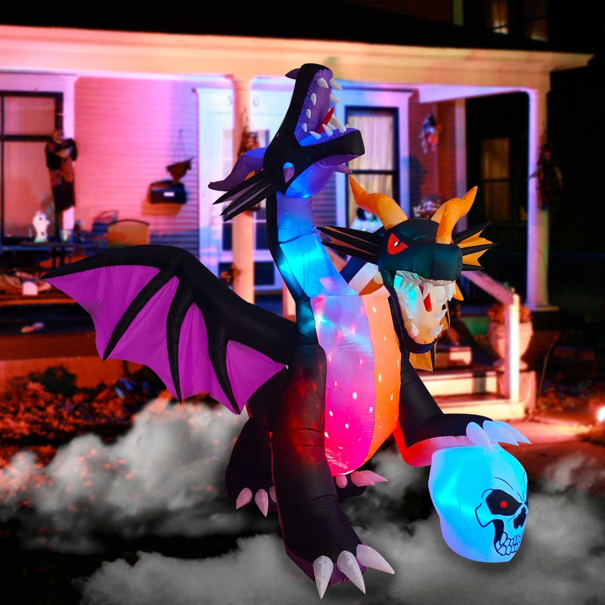 BLOWOUT FUN 8.3FT Long 7FT Tall Inflatable Halloween Giant Fire & Ice Twin-Headed Dragon Decoration, Flash LED Blow Up Lighted Clearance Decor Indoor Outdoor Holiday Art Decor Decorations