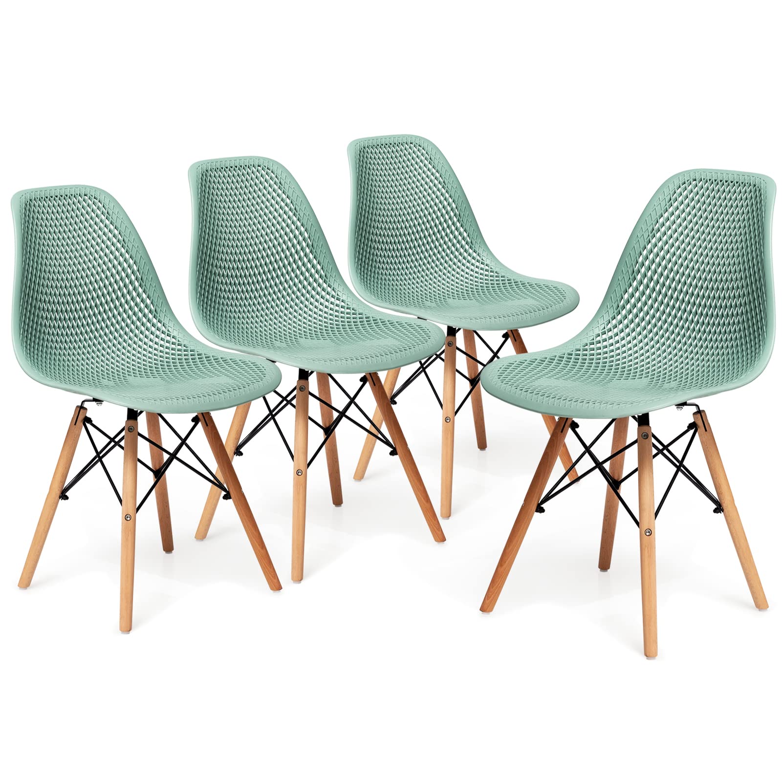 KOTEK Set of 4 Dining Chairs, DSW Molded Shell Plastic Side Chairs with Mesh Design, Solid Wood Legs, Mid-Century Modern Armless Side Chairs for Kitchen, Dining Room, Living Room (Green)