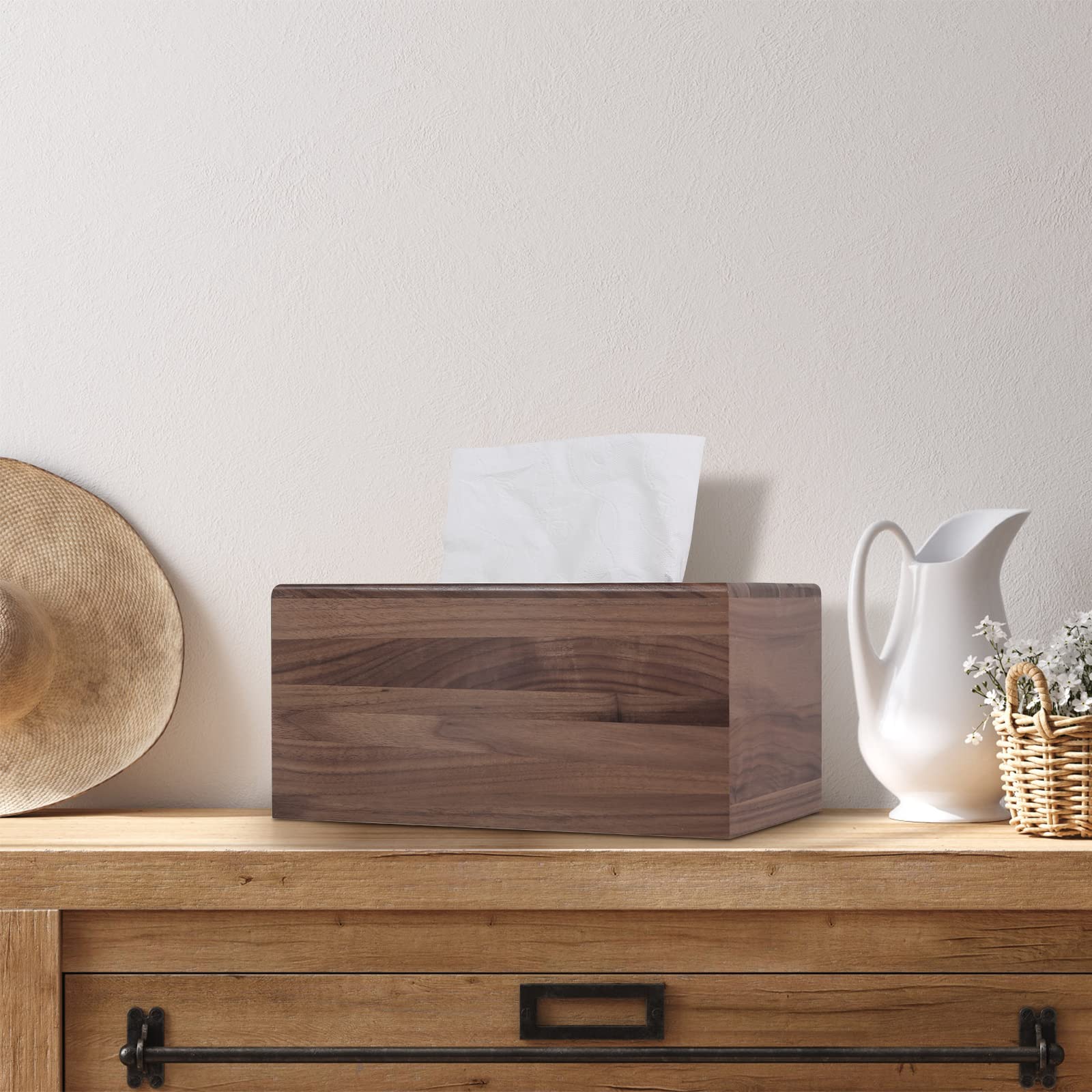 Reviaras Walnut Wood Tissue Box Cover with Slide-Out Bottom - Rectangular for Bathroom, Bedroom, Dinner Table, Office