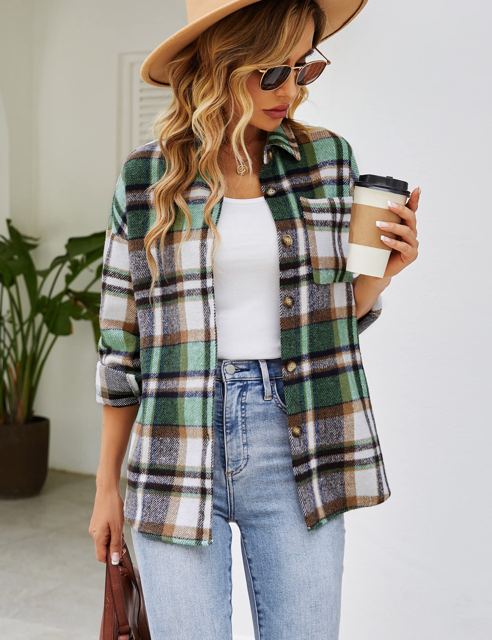 ClearFlower Womens Fall Fashion 2022 Plaid Shackets Flannel Jacket Casual Long Sleeve Button Collared Neck Oversized Shirts Green L