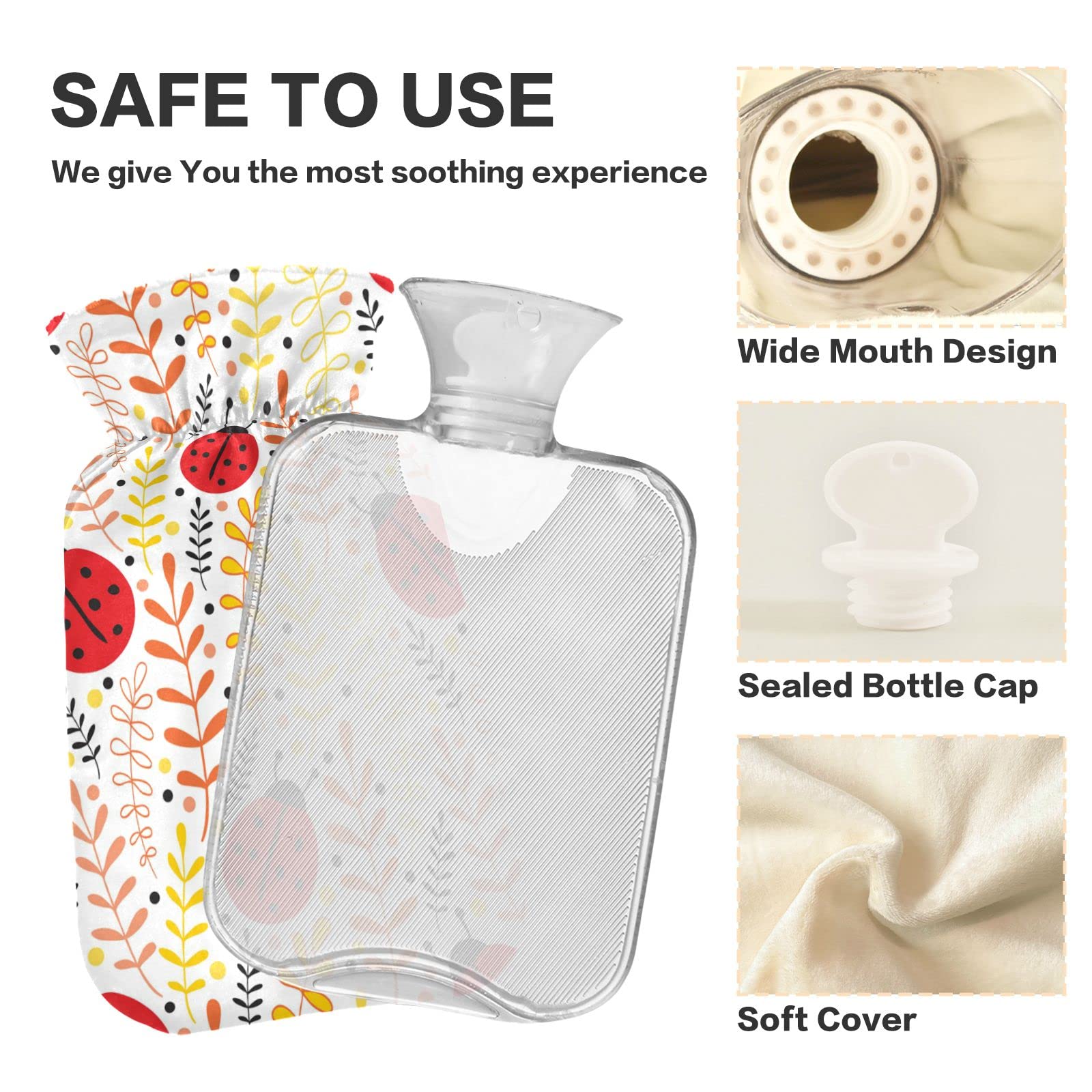 Ladybug Hot Water Bottle with Cover 1L Small Hot Water Bag for Pain Relief Cramps BAP Free