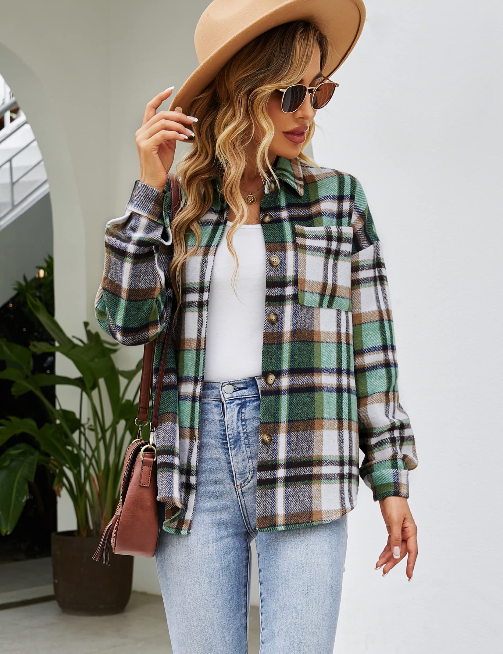 ClearFlower Womens Fall Fashion 2022 Plaid Shackets Flannel Jacket Casual Long Sleeve Button Collared Neck Oversized Shirts Green L