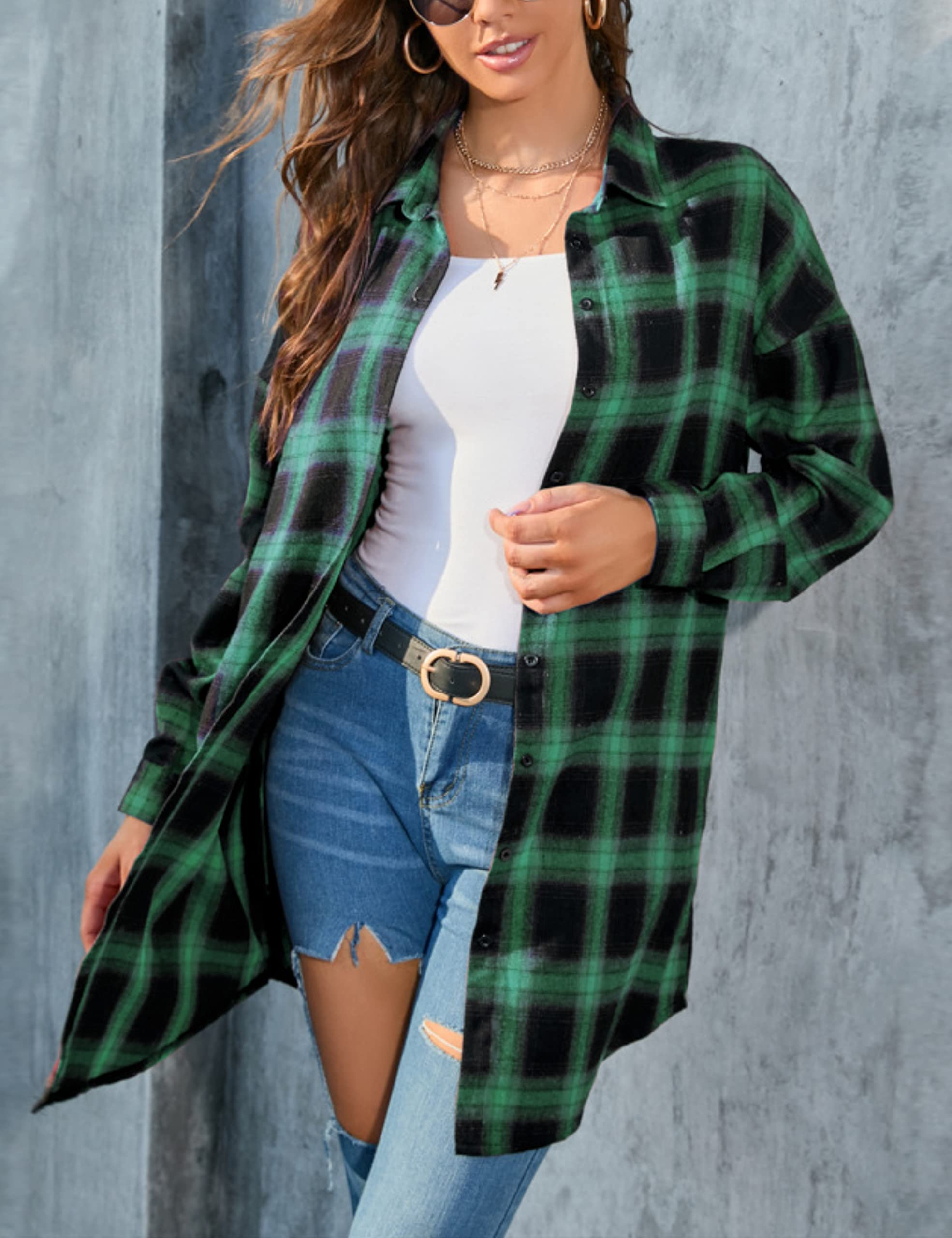 Zontroldy Womens Button Down Flannel Plaid Shirts Mid Long Casual Boyfriend Buffalo Pockets Shirt Jacket Shacket Coat(0909-Green-XL)
