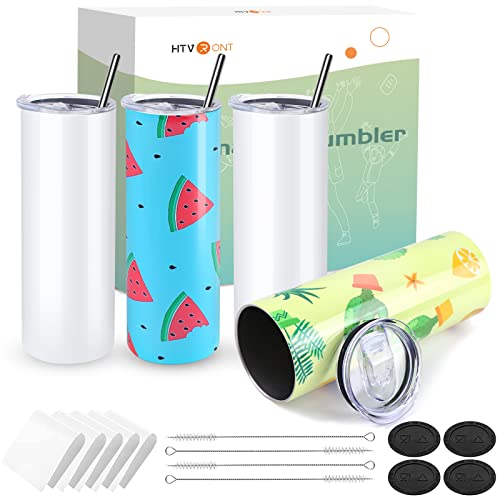 HTVRONT 20 OZ - 4 Pack - Skinny Straight - Sublimation Tumbler Blank with Sublimation Paper, Sublimation Shrink Wrap, Straw and Box
