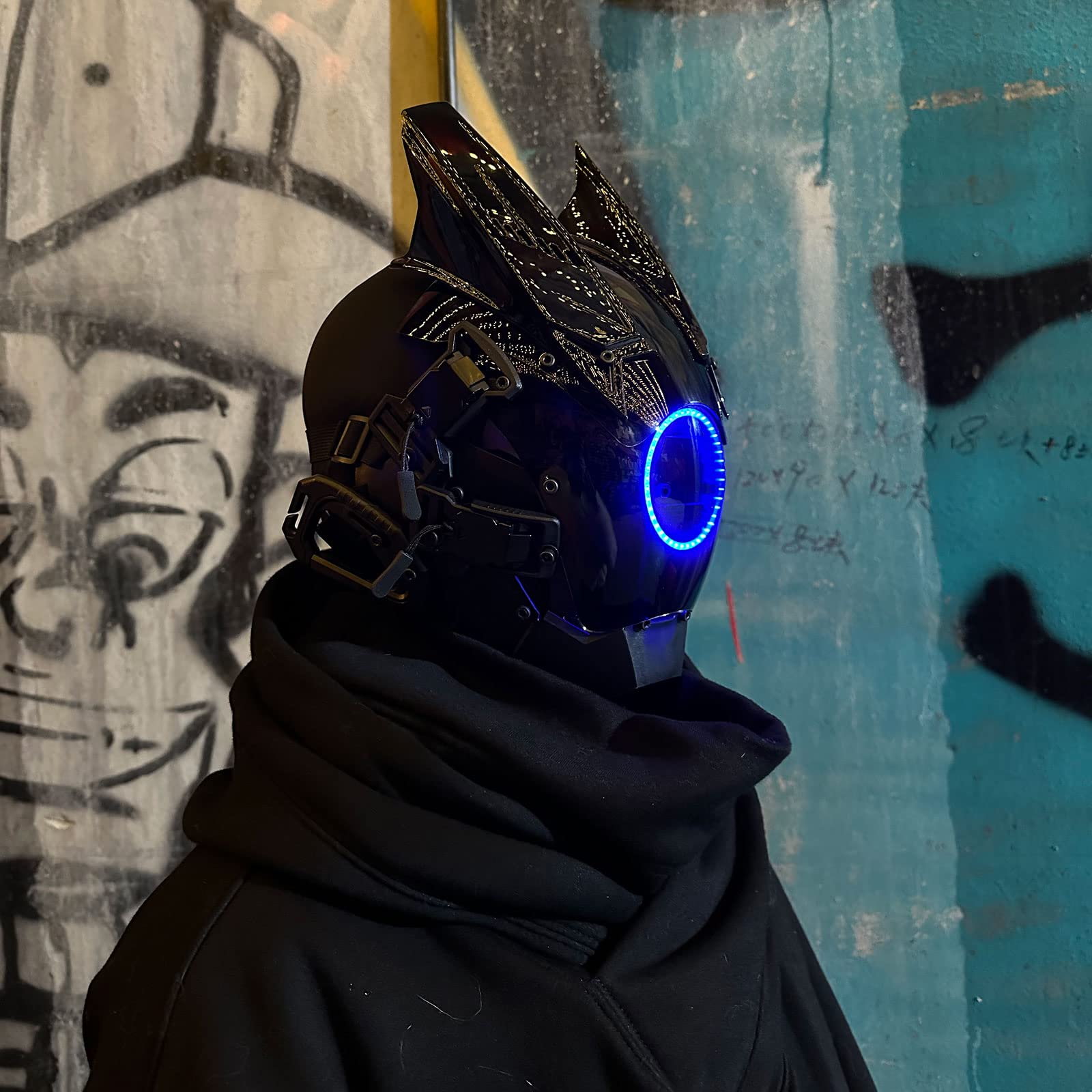 JAUPTO Techwear Mask Punk Mask Helmet,LED Light Cool Samurai Mask,Halloween Cosplay Anime mask (blue)