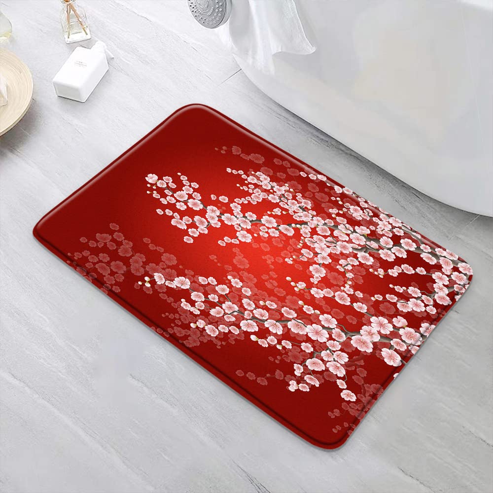 UOZXOML Cherry Blossoms Bath Mat Japanese Floral Pink Flowers Red Bathroom Rug Microfiber Memory Foam Shower Mat Kitchen Bath Floor Rugs, 18x30 Inch
