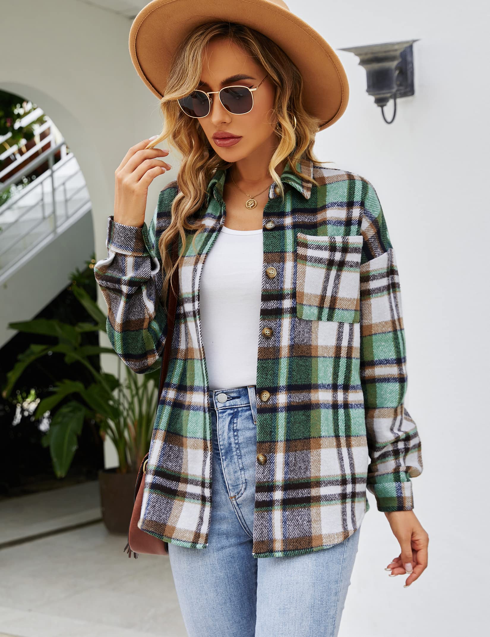 ClearFlower Womens Fall Fashion 2022 Plaid Shackets Flannel Jacket Casual Long Sleeve Button Collared Neck Oversized Shirts Green L