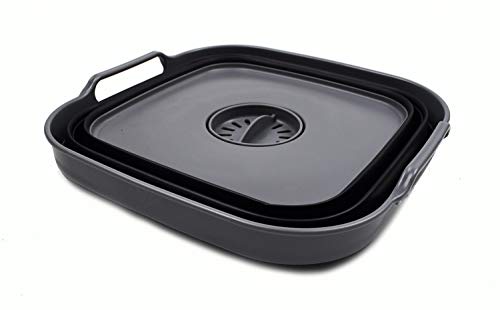SAMMART 10L (2.64 gallon) Collapsible Dishpan with Draining Plug - Foldable Washing Basin - Portable Dish Washing Tub - Space Saving Kitchen Storage Tray (1, Grey/Black)