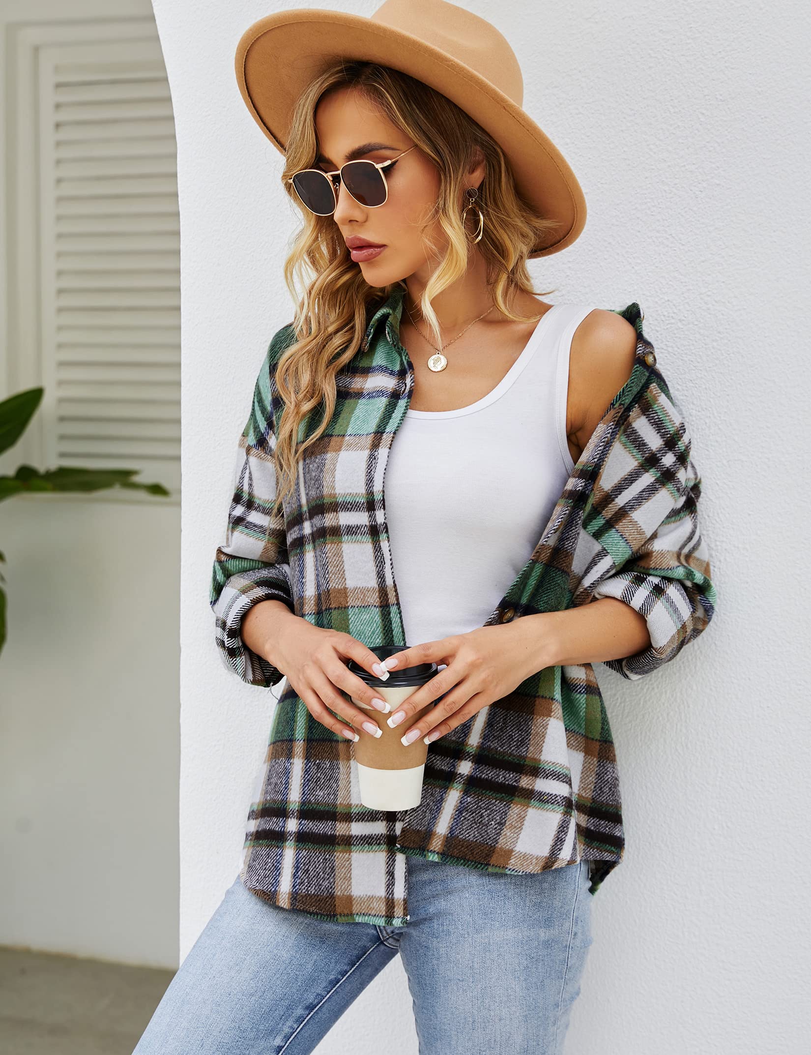 ClearFlower Womens Fall Fashion 2022 Plaid Shackets Flannel Jacket Casual Long Sleeve Button Collared Neck Oversized Shirts Green L