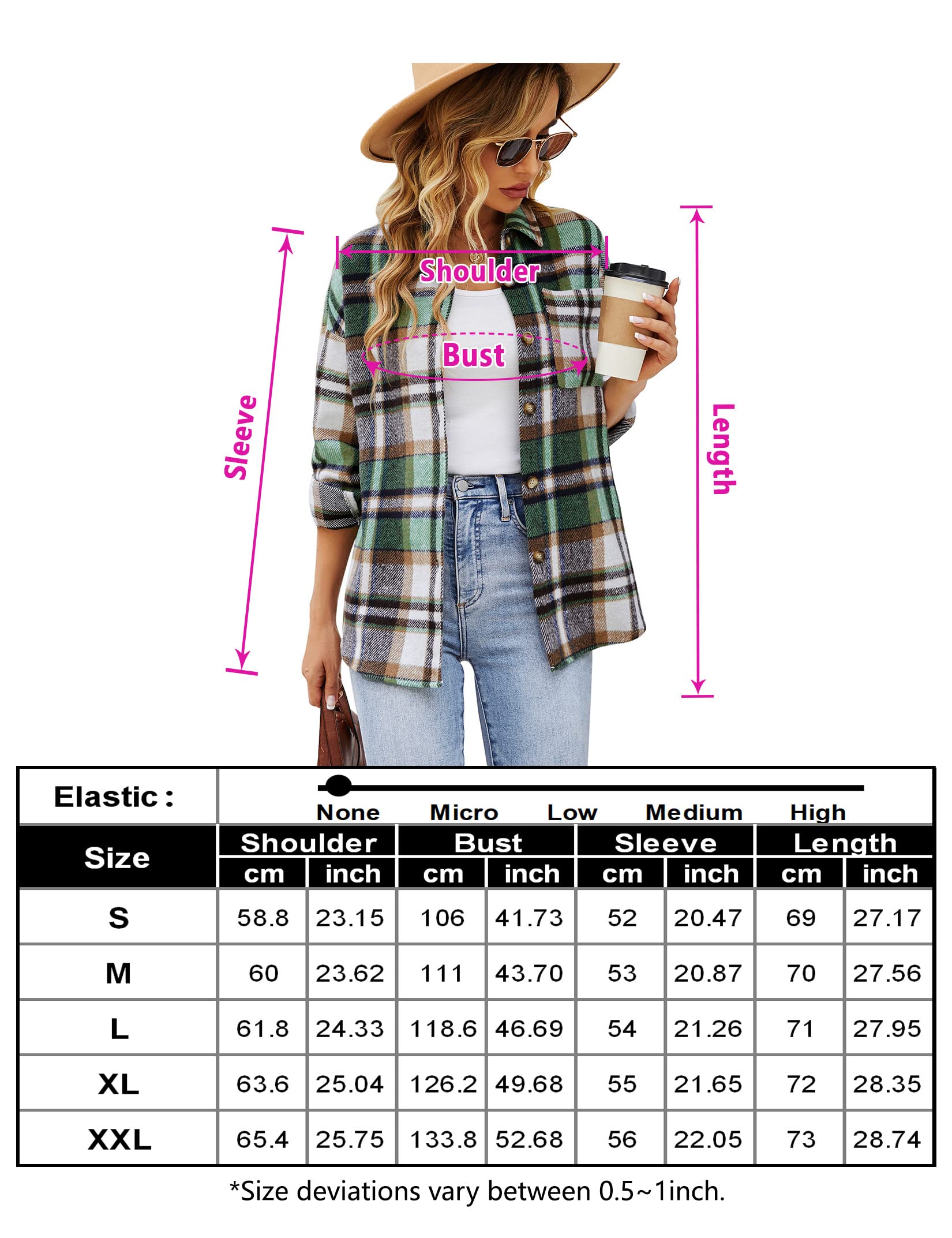 ClearFlower Womens Fall Fashion 2022 Plaid Shackets Flannel Jacket Casual Long Sleeve Button Collared Neck Oversized Shirts Green L