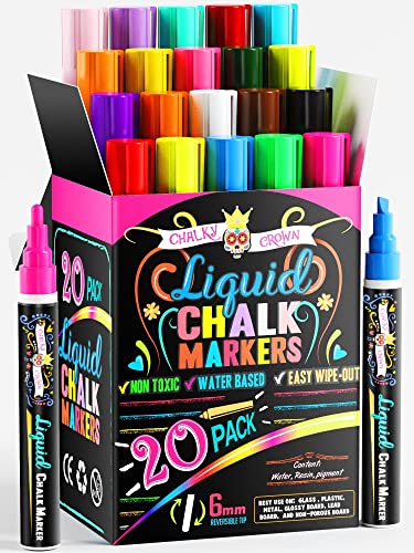 CHALKY CROWN Neon & Vintage Chalk Markers - Dry Erase Marker Pens - Chalk Markers for Chalkboards, Signs, Windows, Blackboard, Glass - Reversible Tip (20 Pack) - (Multicolored, 6mm)