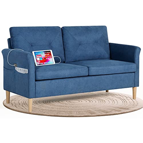 VAMEPOLE 58" Small Loveseat Sofa w/2 USB Charger Ports for Living Room, Mid Century Modern Decor Love Seat Couch, Small Love Seats for Small Spaces, Apartments, Dorm, Office (Navy Blue)