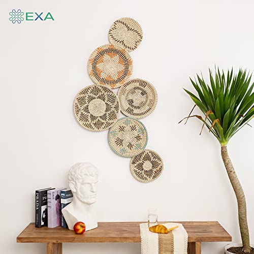EXA Set of 6 Woven Wall Basket Fire Tribe Decor - Boho Farmhouse Rustic Coastal Room Style - for Thanksgiving Christmas Hanging Wall Art, Gift Idea, Table Settings - Handmade, Round, Natural Seagrass