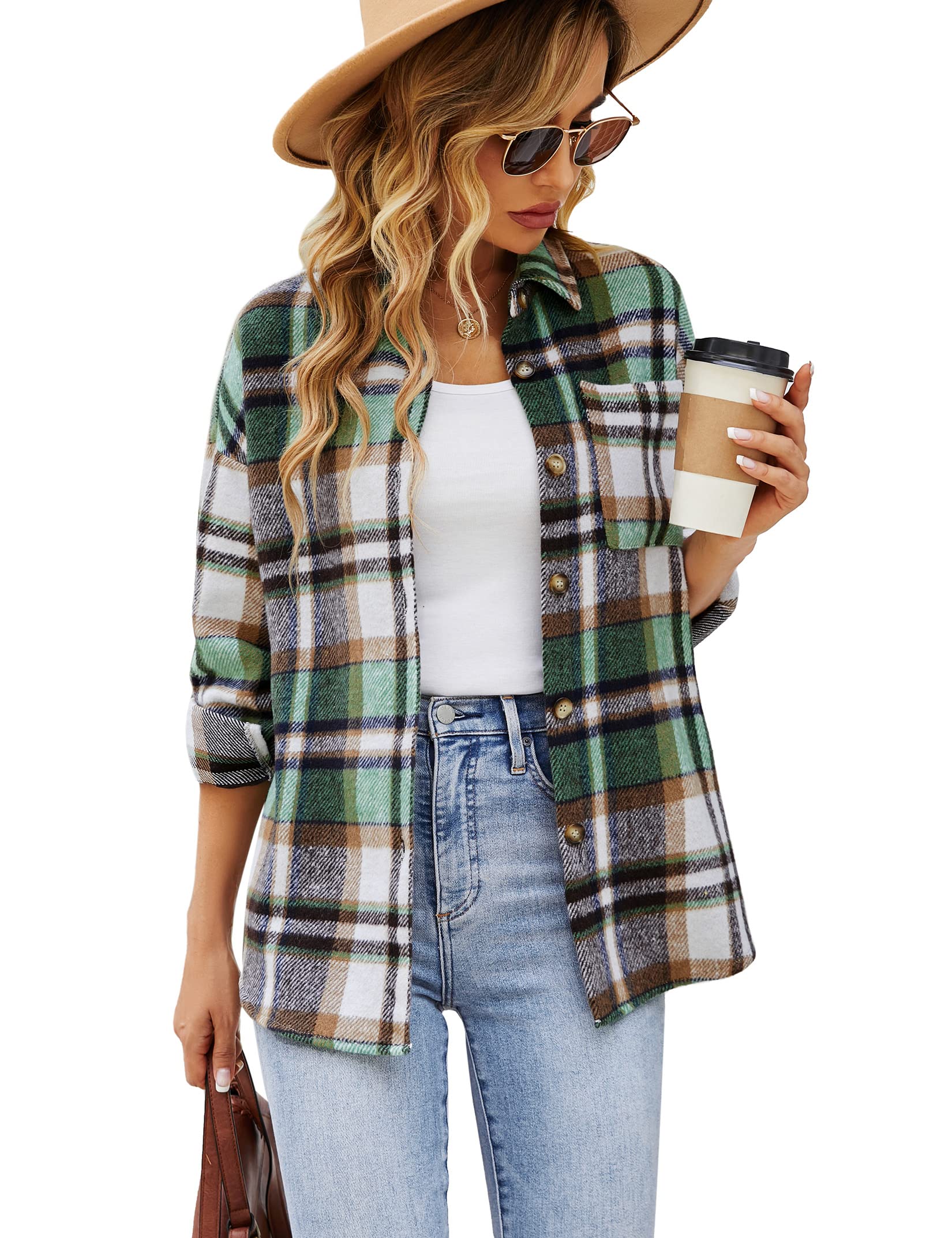 ClearFlower Womens Fall Fashion 2022 Plaid Shackets Flannel Jacket Casual Long Sleeve Button Collared Neck Oversized Shirts Green L