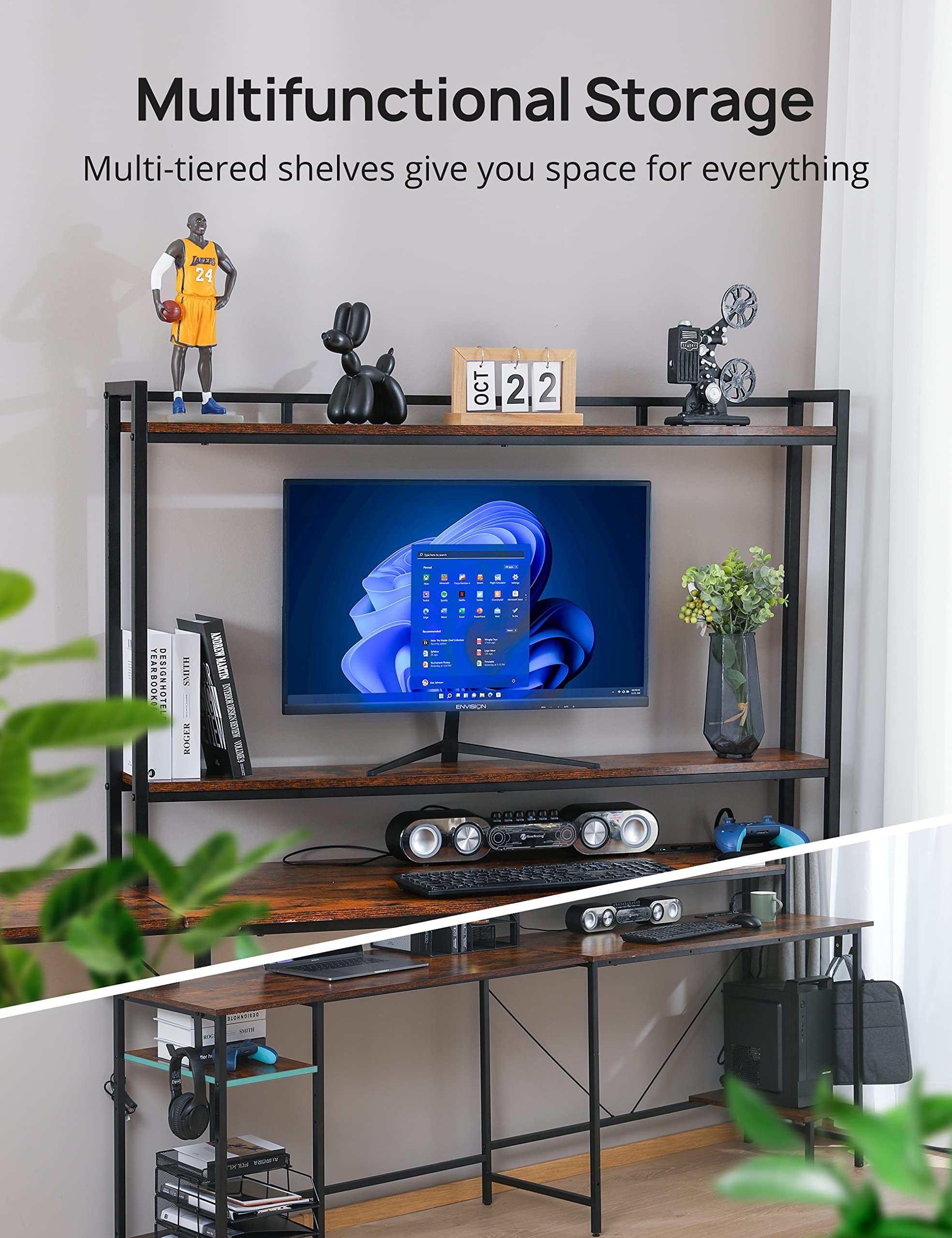 Evajoy Home Office Desk, 94.5” Two Person L-Shaped Gaming Desk with AC Outlets and USB Ports, Double Workstation with Monitor Stand, Computer Corner Desk with Adjustable Shelf for Home,Office,Study