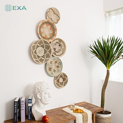EXA Set of 6 Woven Wall Basket Fire Tribe Decor - Boho Farmhouse Rustic Coastal Room Style - for Thanksgiving Christmas Hanging Wall Art, Gift Idea, Table Settings - Handmade, Round, Natural Seagrass
