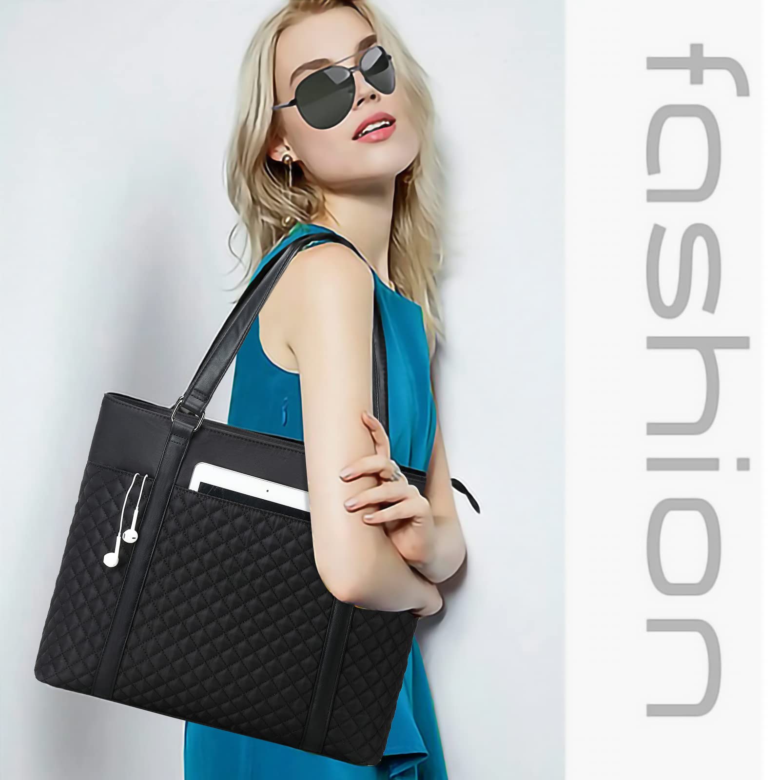 Women Laptop Tote Bag for Work Quilted Teacher Handbag Purse Shoulder Messenger Bag Lightweight Laptop Bag for 15.6 Inch