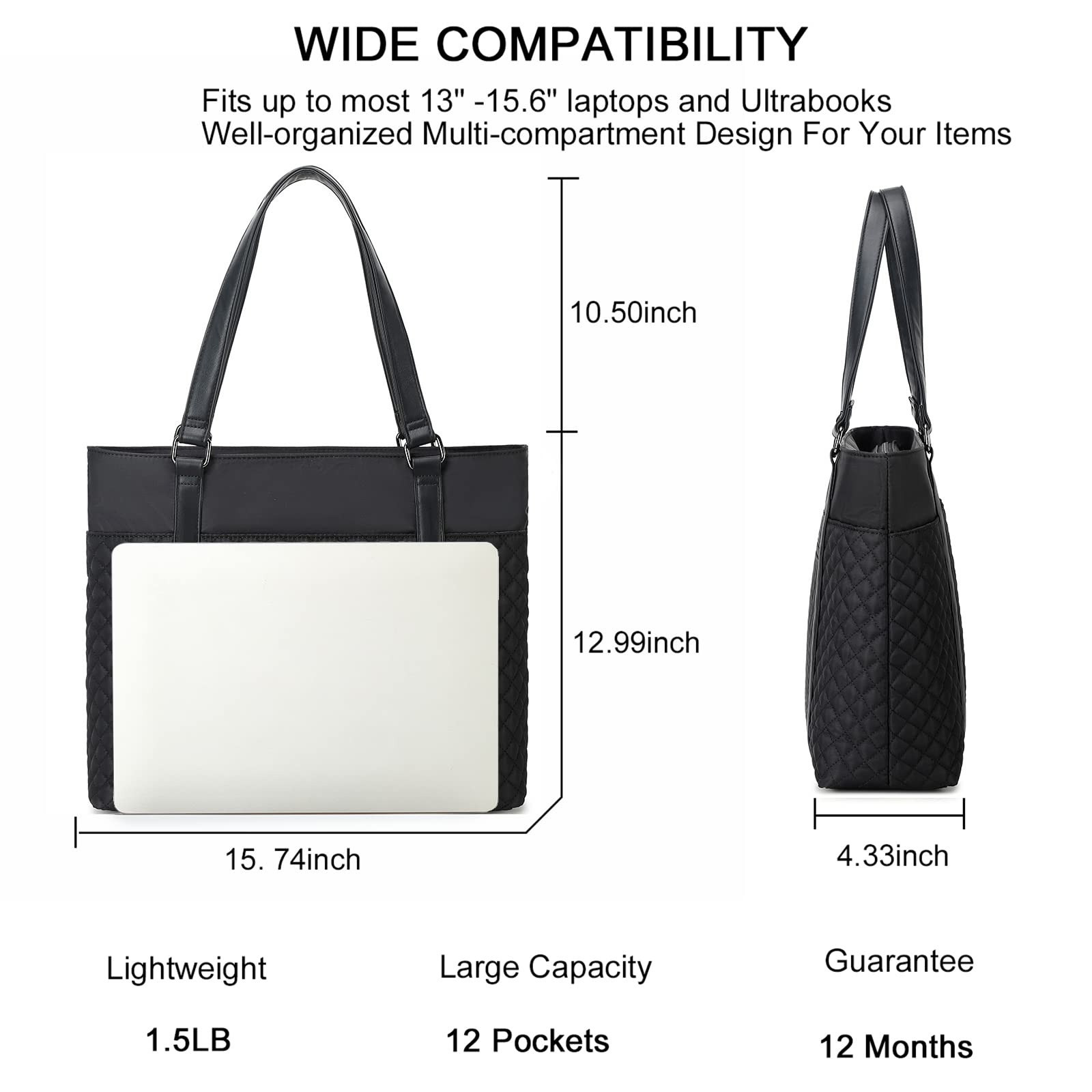 Women Laptop Tote Bag for Work Quilted Teacher Handbag Purse Shoulder Messenger Bag Lightweight Laptop Bag for 15.6 Inch