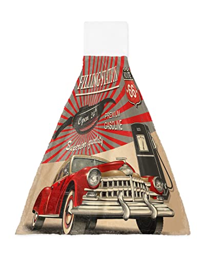 Krisyeol Hanging Kitchen Towel 1 Pcs Retro Filling Station Car Posters Soft Dish Towel Water Absorbent Hook and Loop Hand Towel for Bathroom Tea Bar Washroom Toilet Home Decor