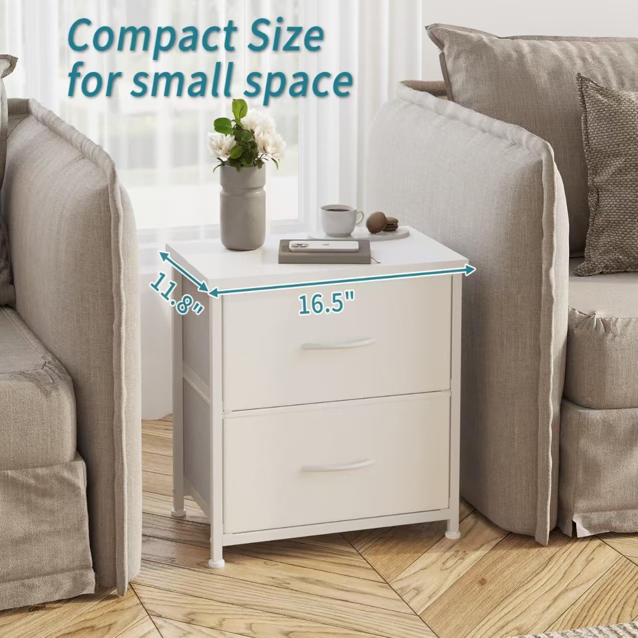 LUMTOK White Nightstand with Drawer, 2 Drawers Dresser for Bedroom, Small Night Stand and Dressers Sets Fabric Drawers, End Table Drawer Living Room (2PCS)