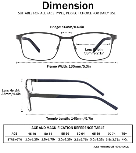 4 Pack Reading Glasses for Men, Blue Light Blocking Computer Readers, Anti UV Ray/Eye Strain/Glare, Metal Frame Eyeglasses with Pouches(200 Magnification Strength)