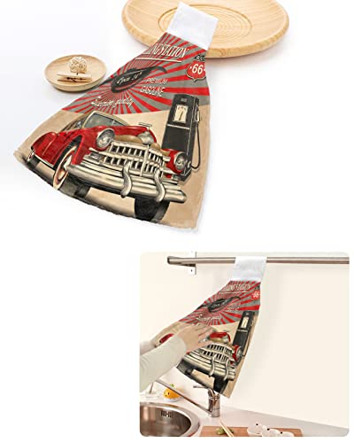 Krisyeol Hanging Kitchen Towel 1 Pcs Retro Filling Station Car Posters Soft Dish Towel Water Absorbent Hook and Loop Hand Towel for Bathroom Tea Bar Washroom Toilet Home Decor