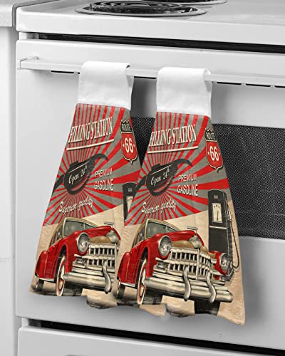 Krisyeol Hanging Kitchen Towel 1 Pcs Retro Filling Station Car Posters Soft Dish Towel Water Absorbent Hook and Loop Hand Towel for Bathroom Tea Bar Washroom Toilet Home Decor