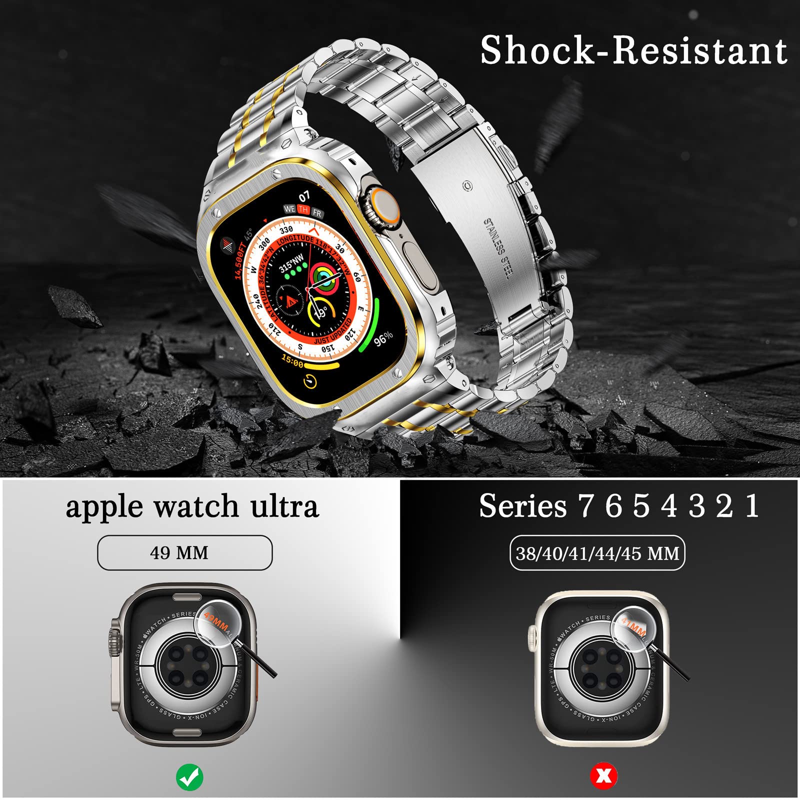 HASLFM Stainless Steel Watch Band with Case Compatible with Apple Watch Ultra/Ultra 2(49mm),Metal Strap and Rugged Protective Cover for iWatch Bands Cases Men, Silver/Gold