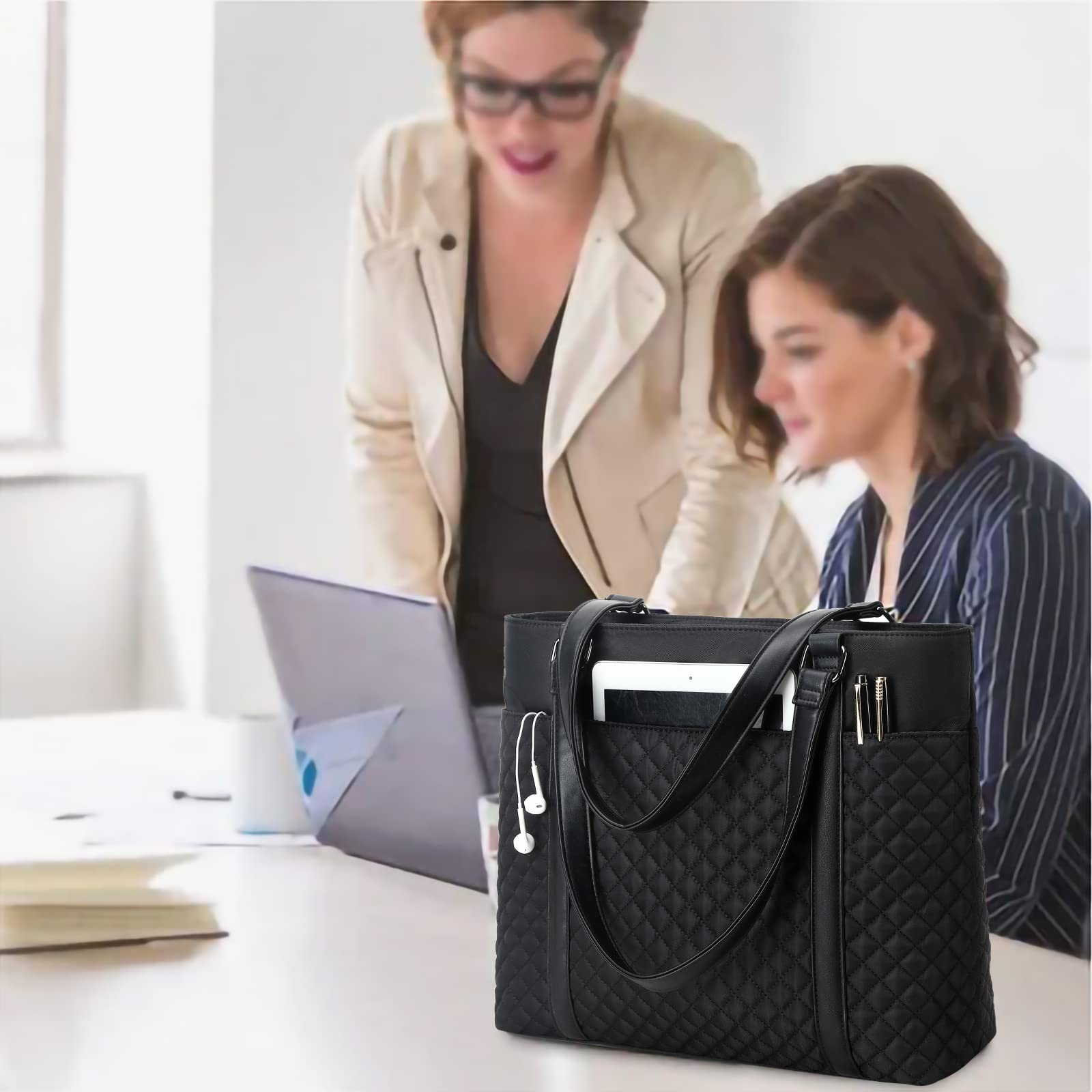 Women Laptop Tote Bag for Work Quilted Teacher Handbag Purse Shoulder Messenger Bag Lightweight Laptop Bag for 15.6 Inch