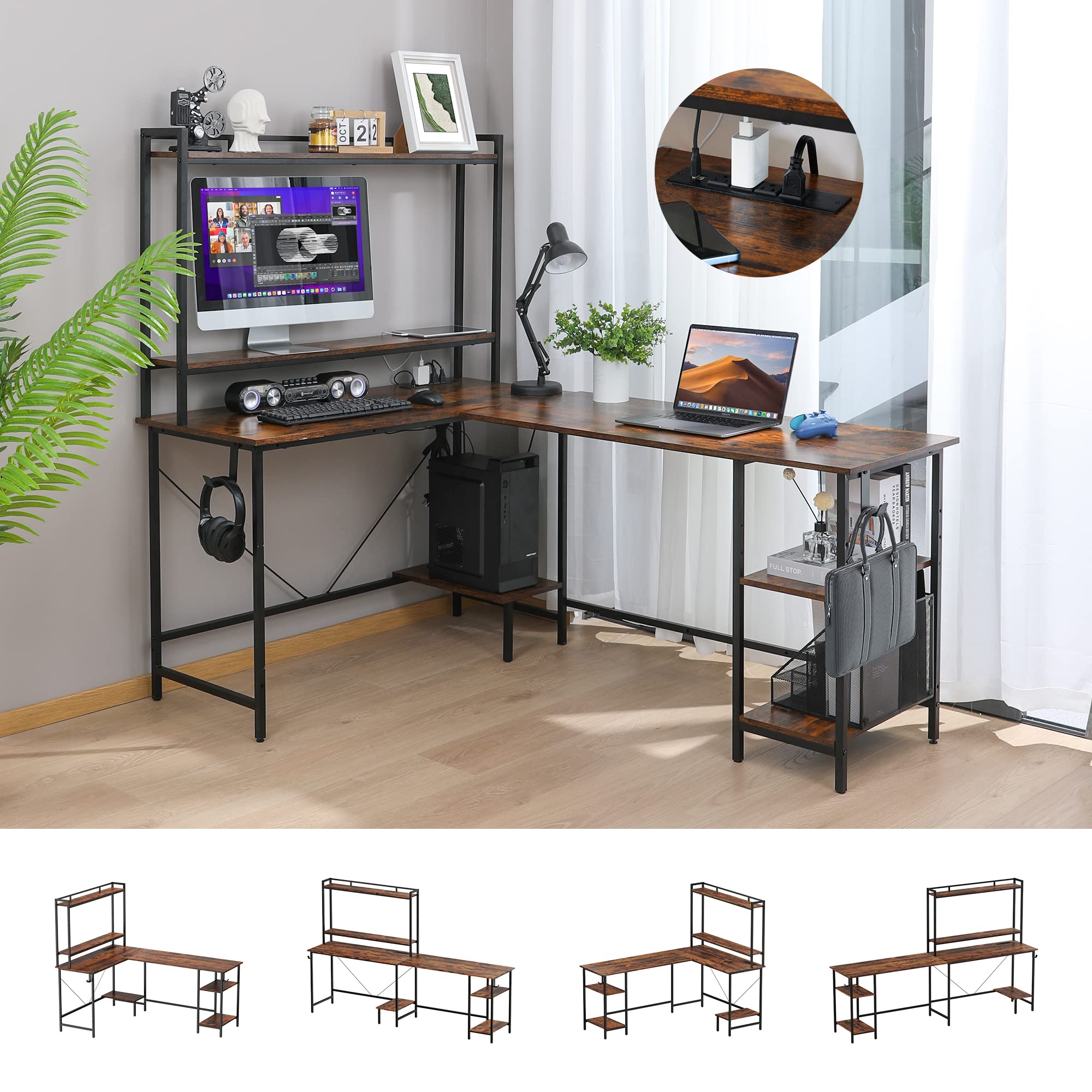 Evajoy Home Office Desk, 94.5” Two Person L-Shaped Gaming Desk with AC Outlets and USB Ports, Double Workstation with Monitor Stand, Computer Corner Desk with Adjustable Shelf for Home,Office,Study