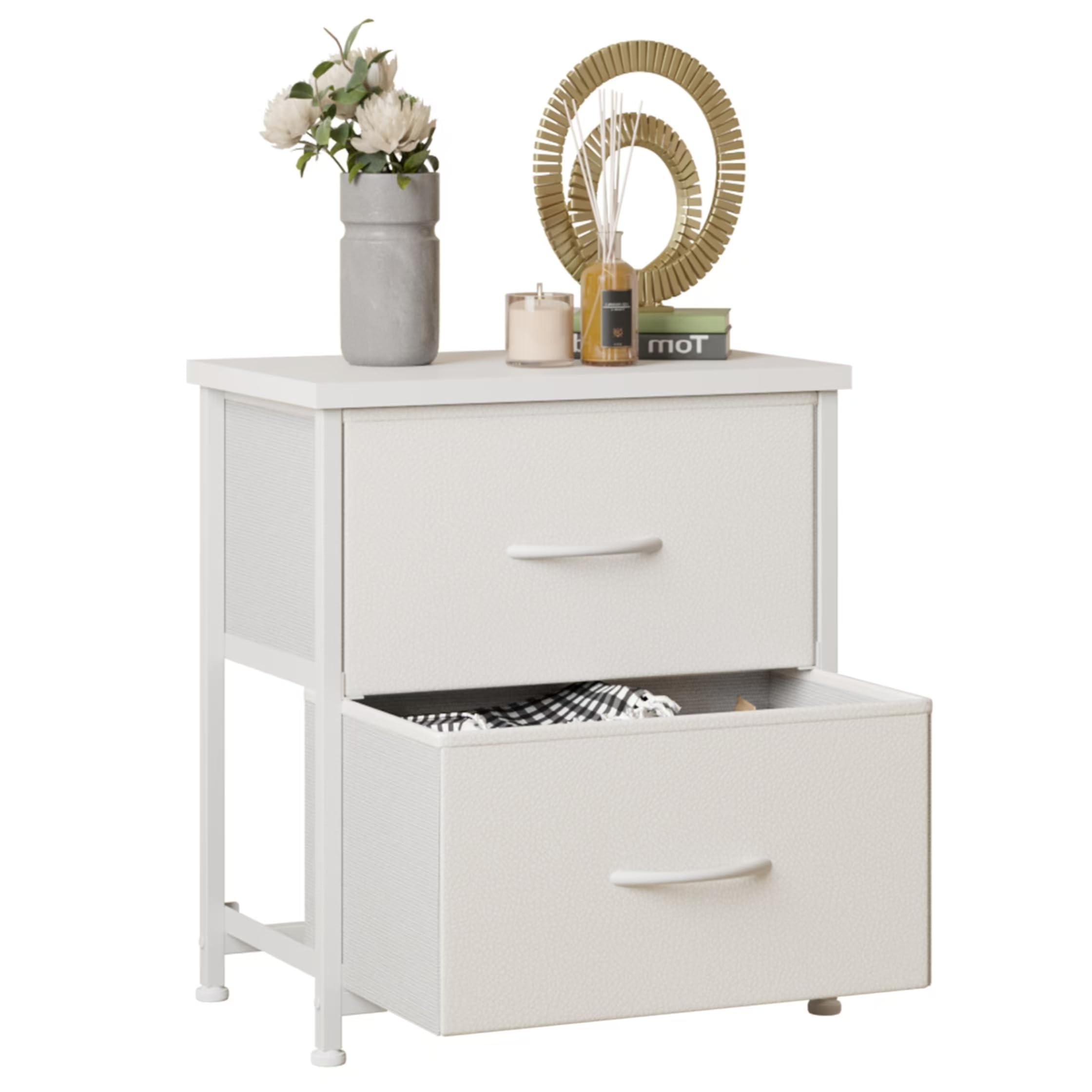 LUMTOK White Nightstand with Drawer, 2 Drawers Dresser for Bedroom, Small Night Stand and Dressers Sets Fabric Drawers, End Table Drawer Living Room (2PCS)