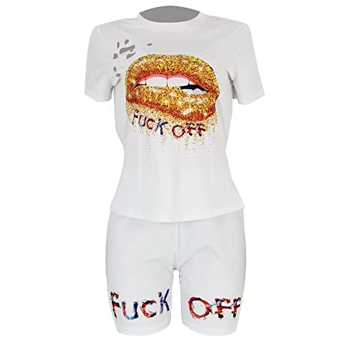 Esuo Women's 2 Piece T-Shirt Shorts Set Short Sleeve Casual Joggers Casual Sportswear Clubwear Hollow out White L