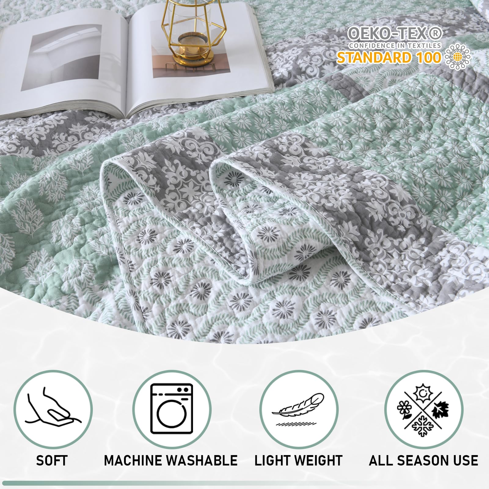 KALOOLA Sage Green King Size Quilt, 100% Cotton Soft Lightweight Quilted Bedding Set, Farmhouse Reversible Bedspread with 2 Pillowshams, Printed Floral Coverlet for All Season, 3 Pieces