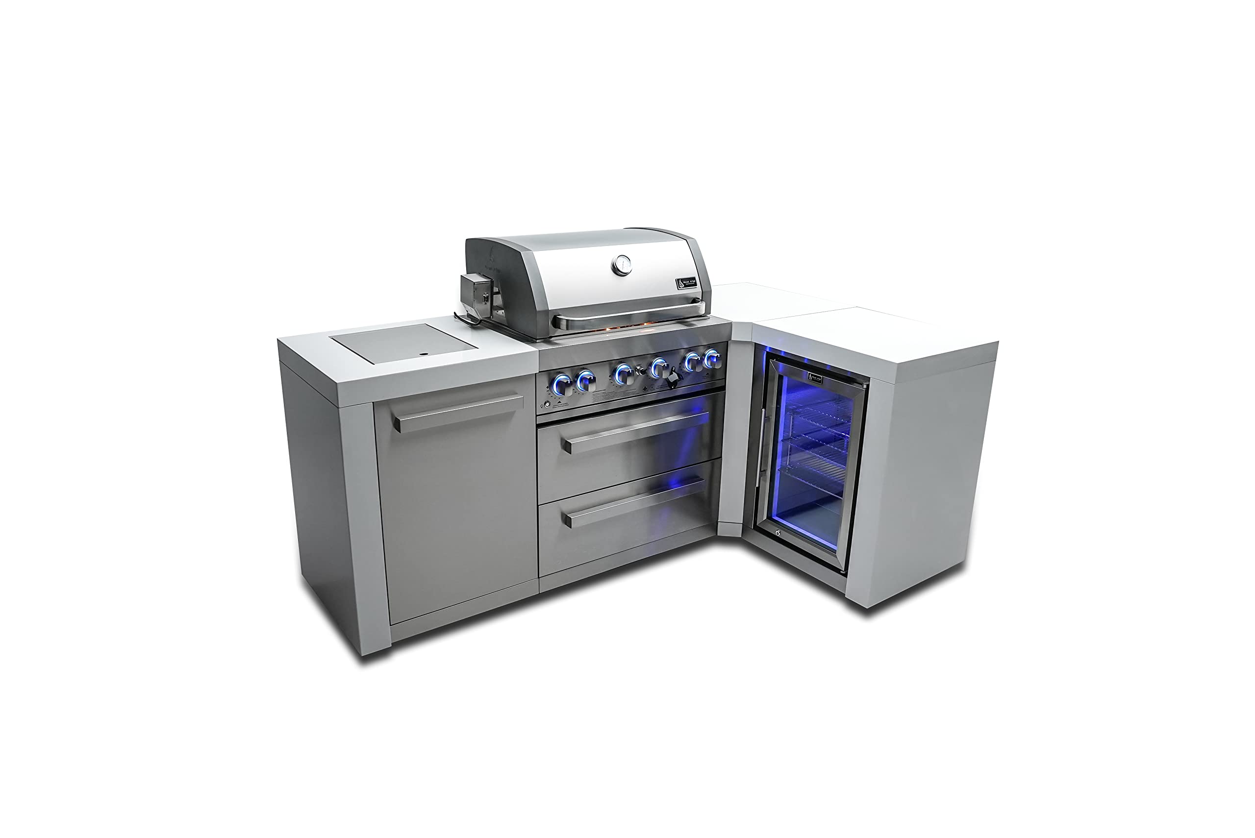 Mont Alpi MAi400-D90FC 32-Inch 4-Burner 78000 BTU 90 Degree Corner Stainless Steel Gas Outdoor Kitchen Barbecue Island Grill + Infrared Side Burner + Wine Cooler Beverage Center Compact Refrigerator