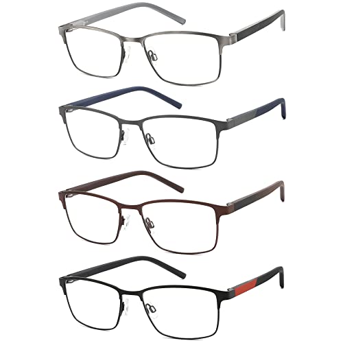 4 Pack Reading Glasses for Men, Blue Light Blocking Computer Readers, Anti UV Ray/Eye Strain/Glare, Metal Frame Eyeglasses with Pouches(200 Magnification Strength)
